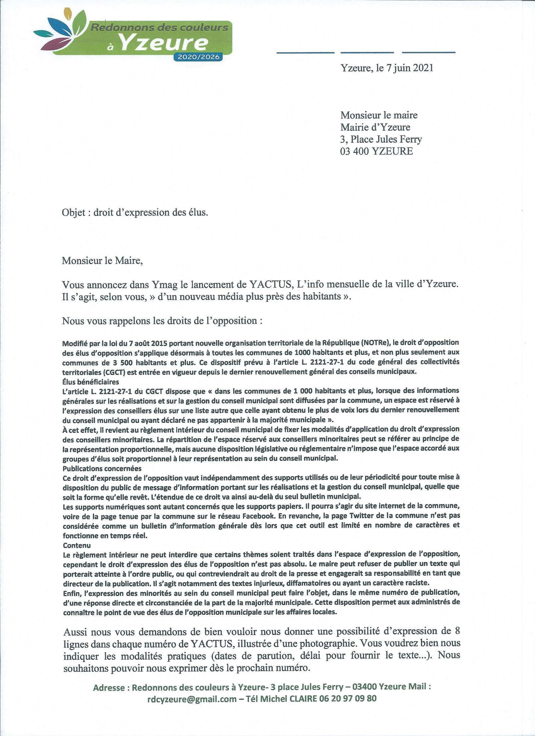 COURRIER ADRESSE AU MAIRE - JUIN 2021 - Redonnons des couleurs à Yzeure